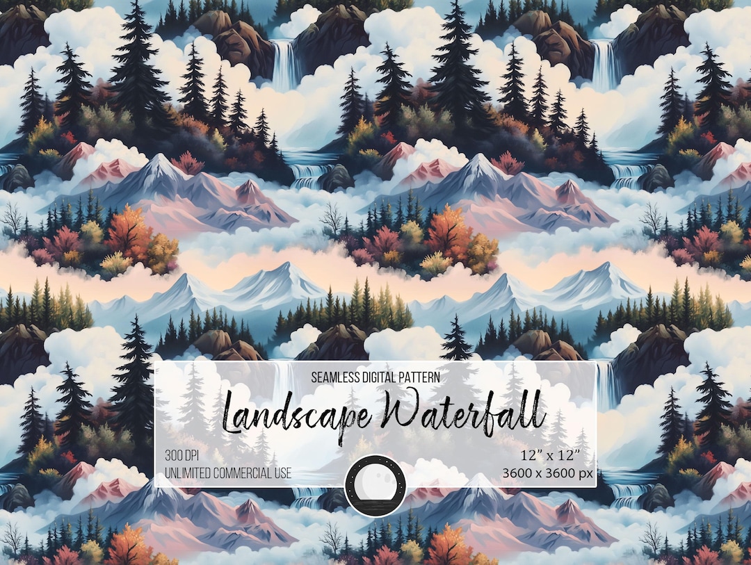 Mountain Waterfall Seamless Pattern: Scenic Landscape Design (digital ...