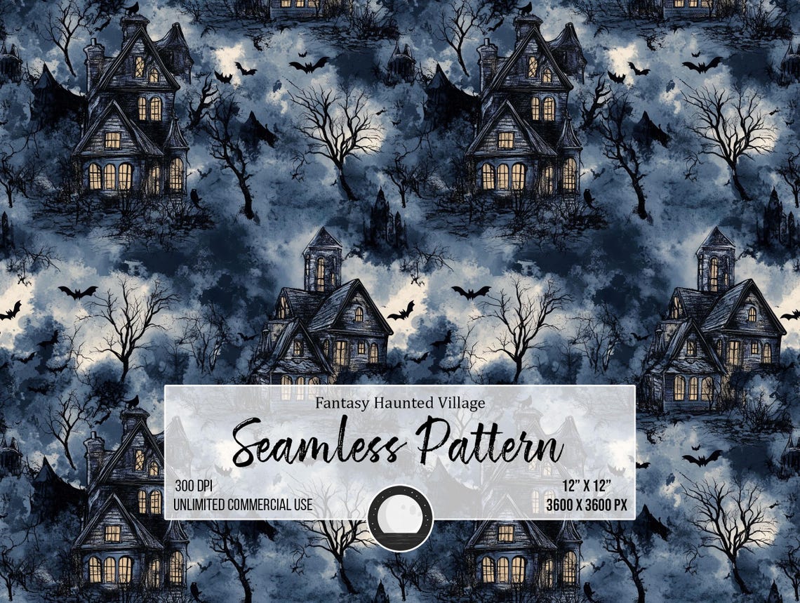 Haunted House Seamless Pattern for Halloween | Fantasy Village Digital ...