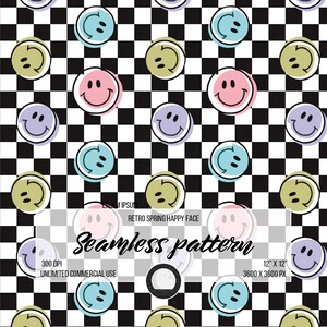 Retro Smiley Face Checkered Pattern Colorful 90s Digital Seamless Background Happy Face Pattern ...