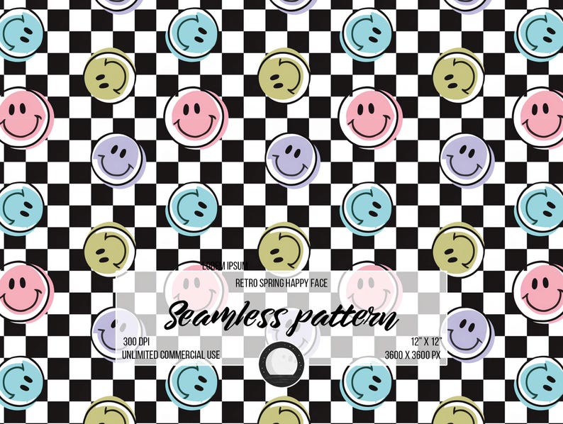 Retro Smiley Face Checkered Pattern: 90s Seamless Background (digital ...