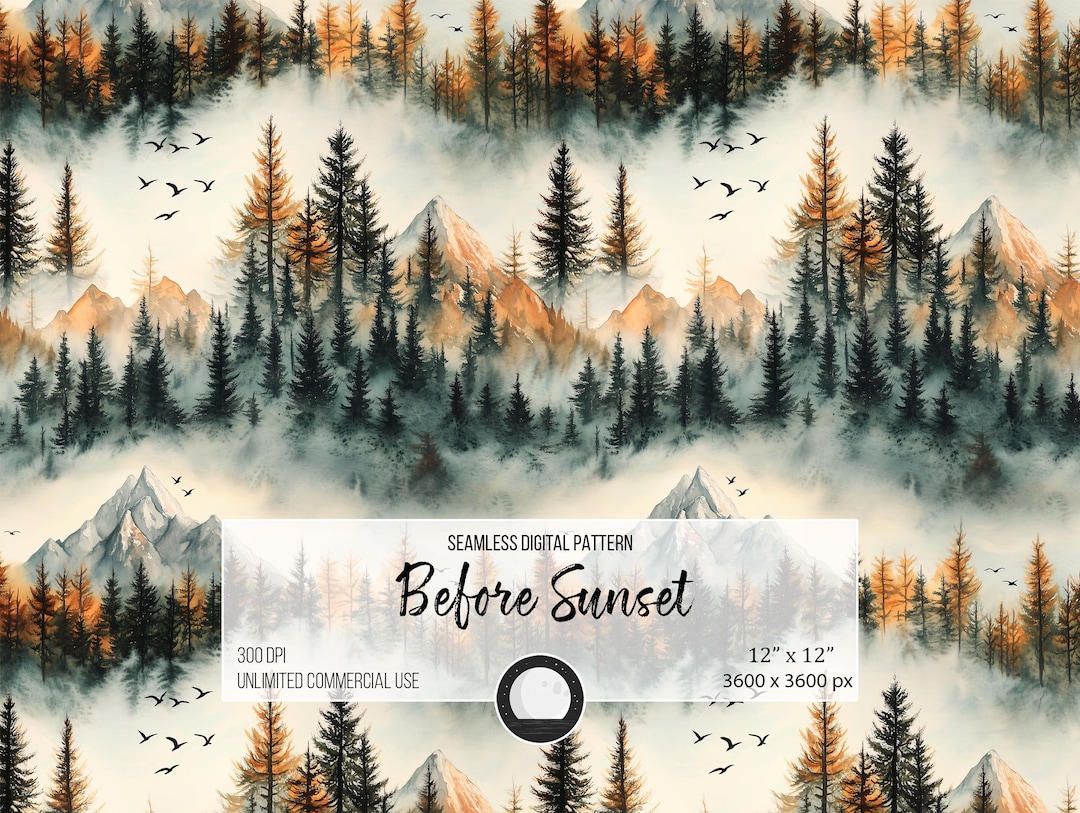 Before Sunset Watercolor Forest Pattern | Pine Tree Mountains Seamless ...
