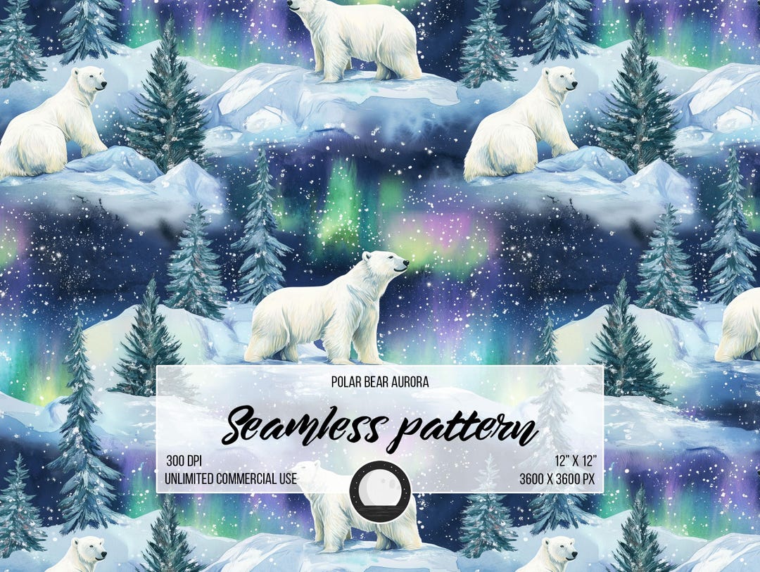 Aurora Polar Bear Winter Wonderland Seamless Pattern (digital Download ...