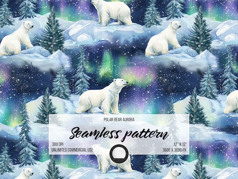 Aurora Polar Bear Winter Wonderland Seamless Pattern (digital Download ...