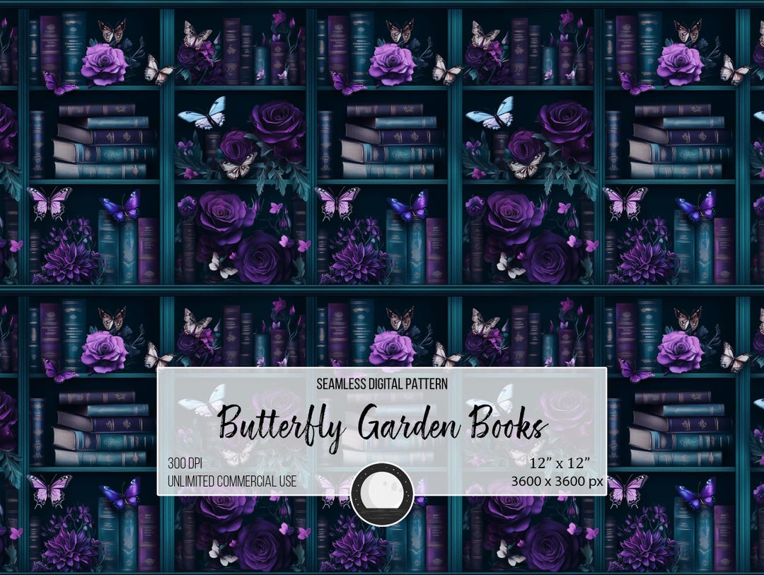 Butterfly Garden Books Digital Seamless Pattern | Floral Bookshelf ...