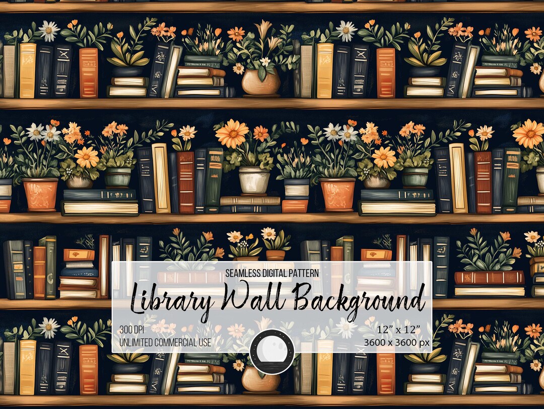 Library Wall Background Digital Seamless Pattern | Floral Bookshelf ...