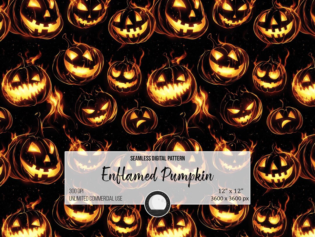 Fiery Pumpkin Seamless Pattern: Halloween Jack-o'-lantern Digital Paper ...