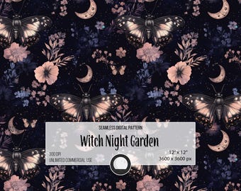 Witchy Moth Garden Seamless Pattern: Dark Floral Moon Design (digital ...
