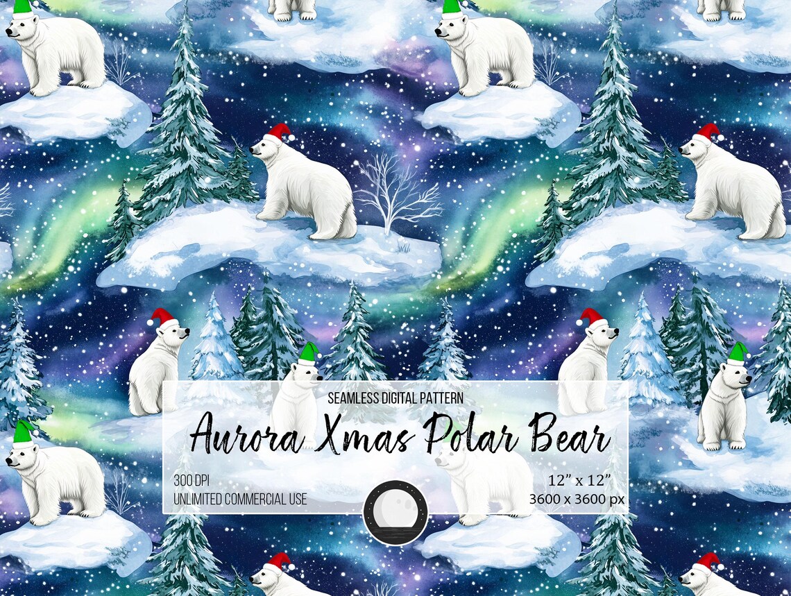 Aurora Xmas Polar Bear Winter Wonderland Digital Pattern | Snowy Night ...