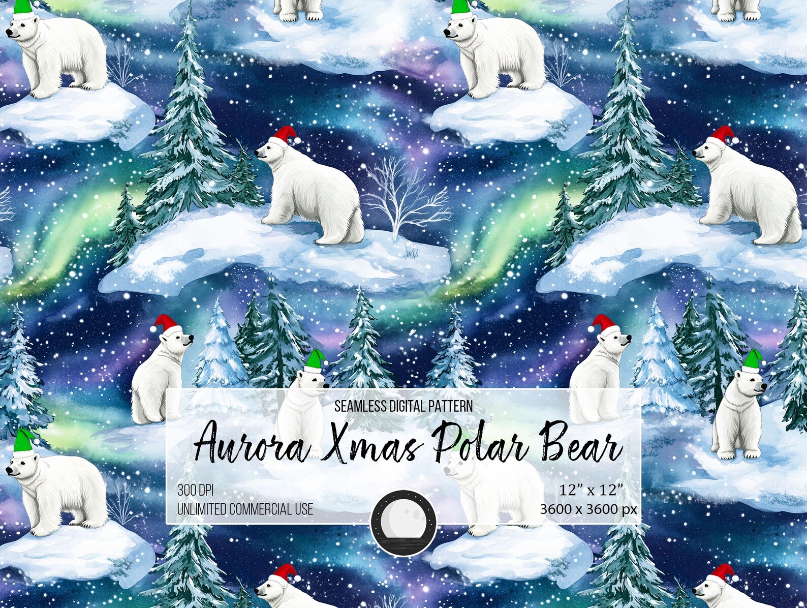 Aurora Xmas Polar Bear Winter Wonderland Digital Pattern | Snowy Night ...