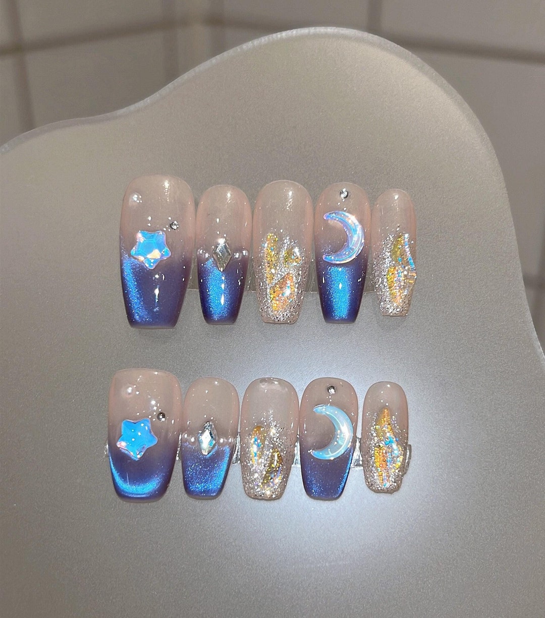 Jelly Fairy Dreamy Moon Stars Blue Purple Aurora Cat Eye Press on Nails ...