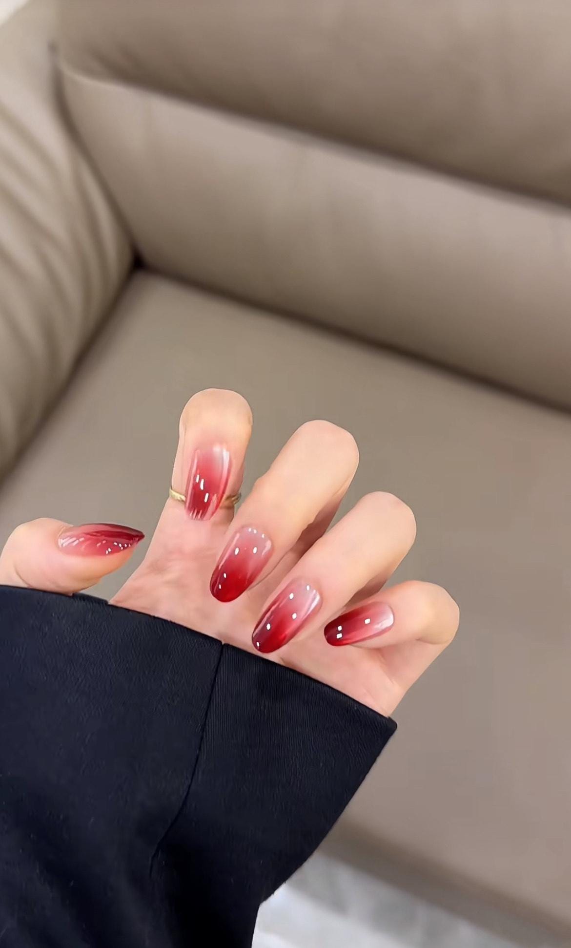 Glittery Red Gradient White Cat Eye Handmade Press on Nails | Jelly ...