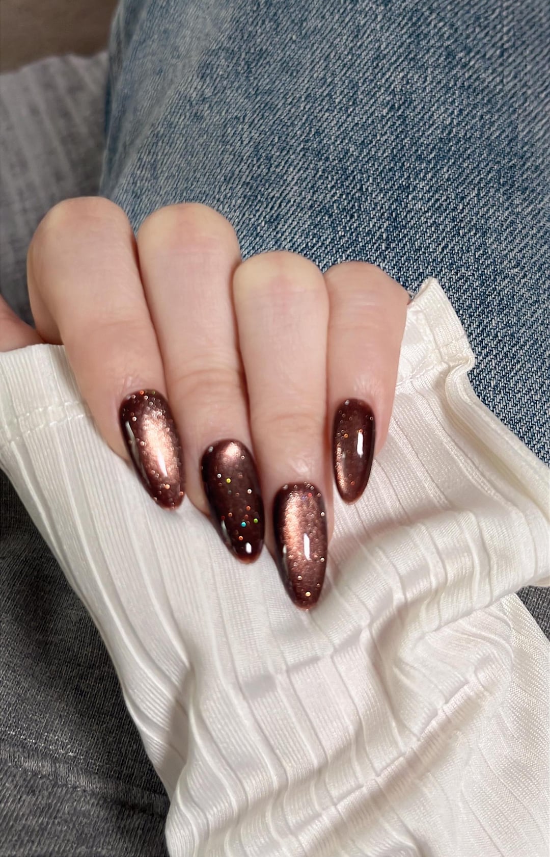 Jelly Shiny Chocolate Brown Glittery Galaxy Aurora Cat Eye Press on ...