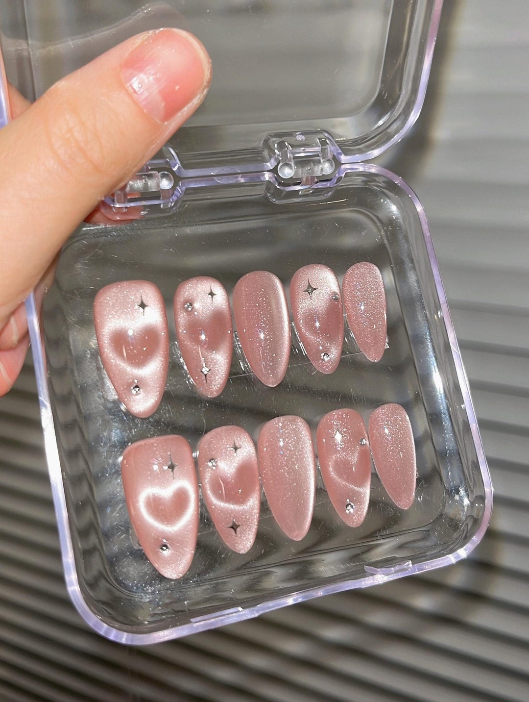 Galaxy Pink Cat's Eye Love Nails |hand Drawn Cat Eye Glittery Press on ...