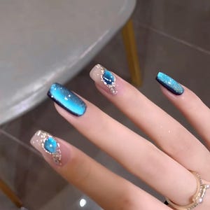 Galaxy Blue Cat Golden Lines Gem Press on Nails |shiny Handmade Custom ...