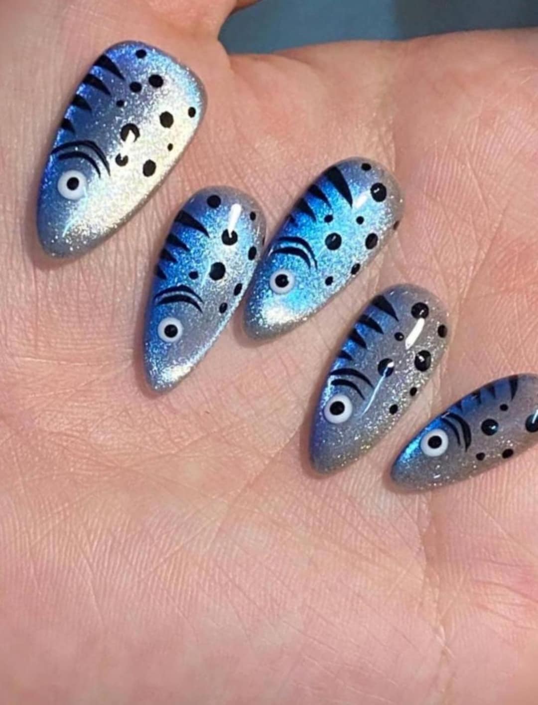 Fun Cute Blue Silver Fishing Lure Cat Eye Press on Nails |handmade ...