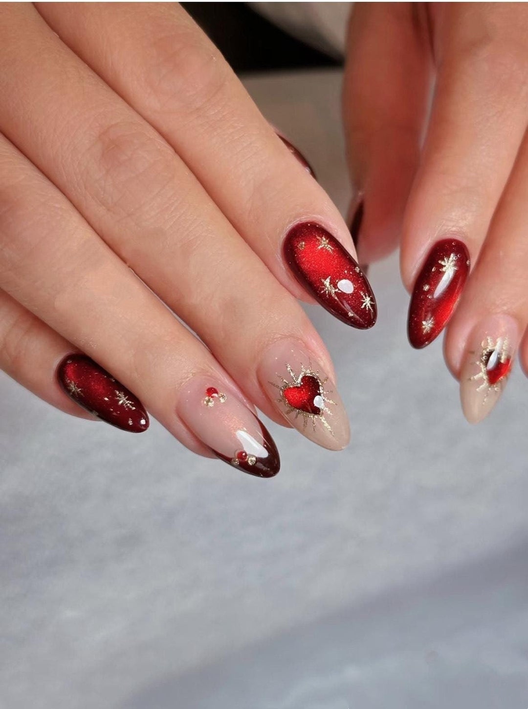 Luxury Red Cat Eye Heart Gold Start Glass Bead French Tips Rhinestones ...