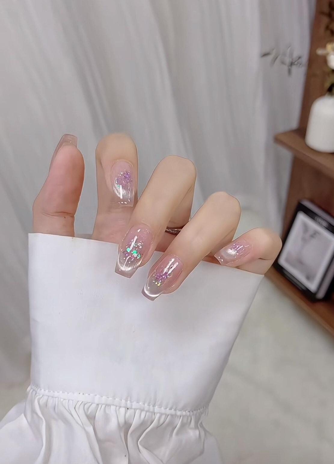 French Tip White Cat Eye Shiny Glitter Nails | Reusable Custom Handmade ...