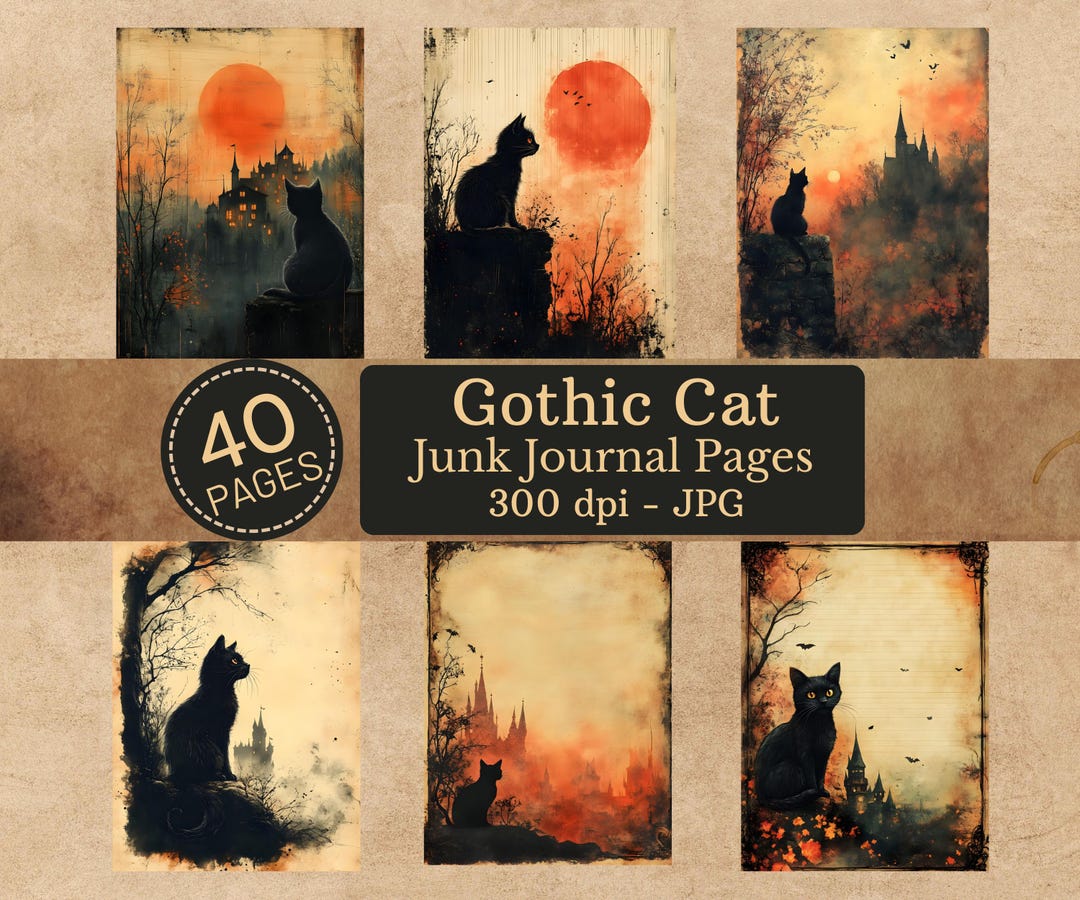 40 Black Cat Halloween Digital Paper, Cats Junk Journal Pages, Vintage ...