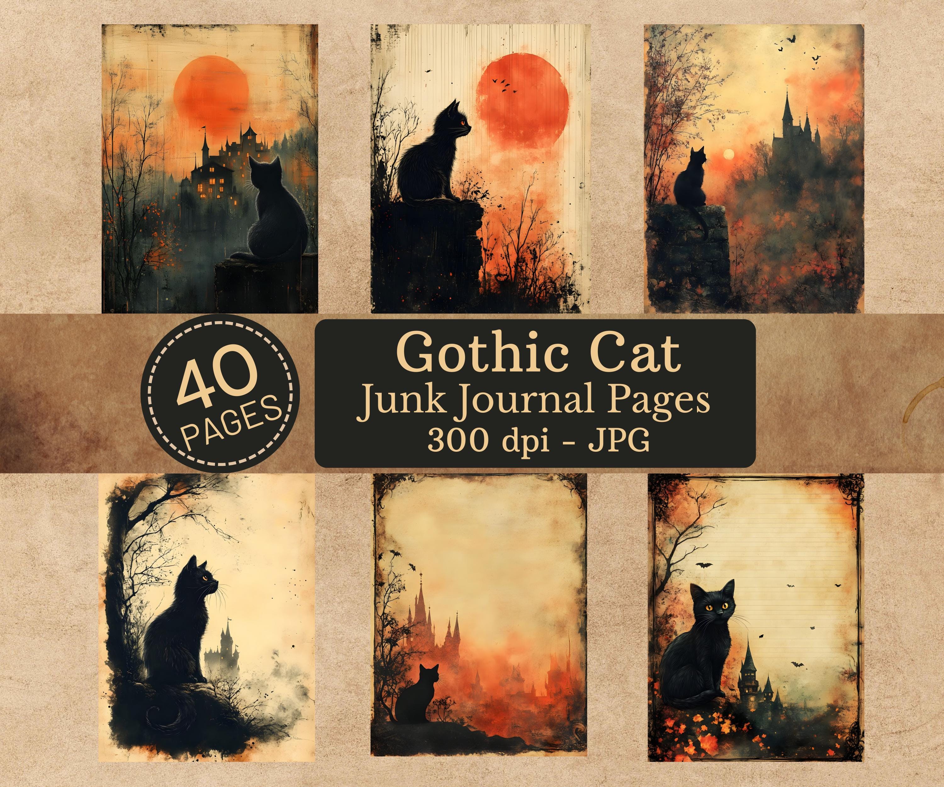 40 Black Cat Halloween Digital Paper, Cats Junk Journal Pages, Vintage ...