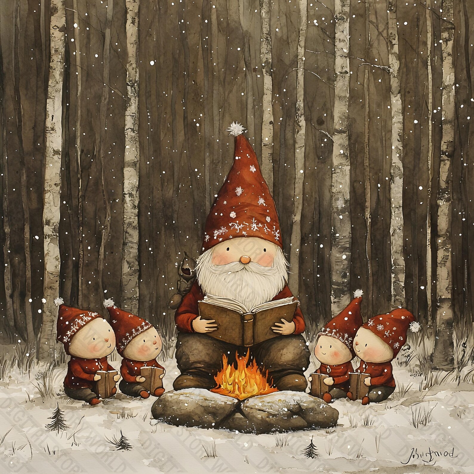 10 Cute Christmas Gnomes Listening to a Story Around the Fire, Digital ...