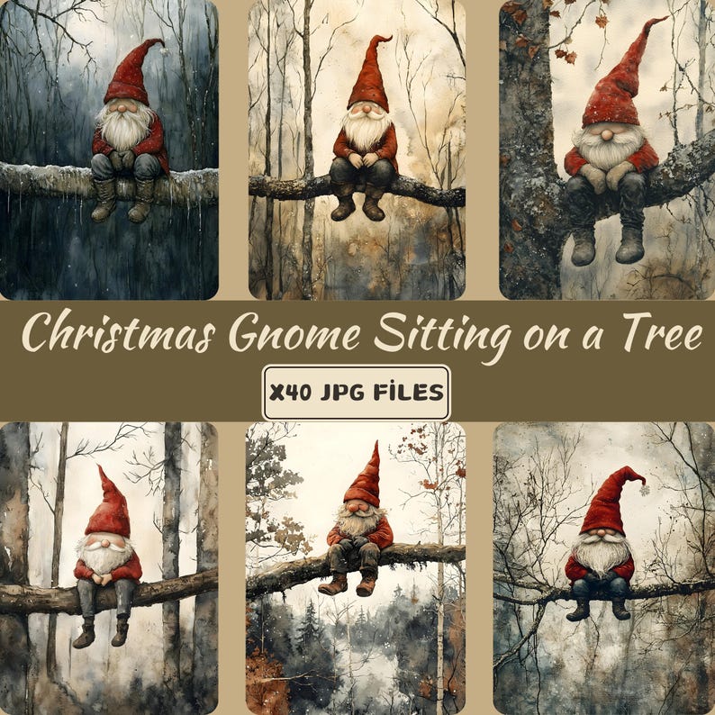 40 Cute Christmas Gnome Sitting on a Tree Background Paper, JPG File ...