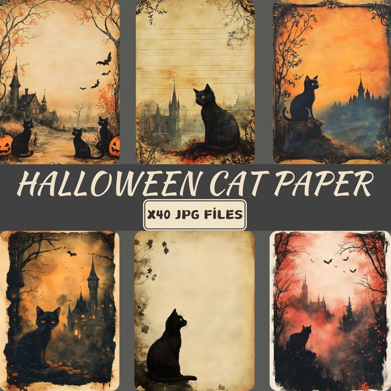 40 Black Cat Halloween Digital Paper, Cats Junk Journal Pages, Vintage ...