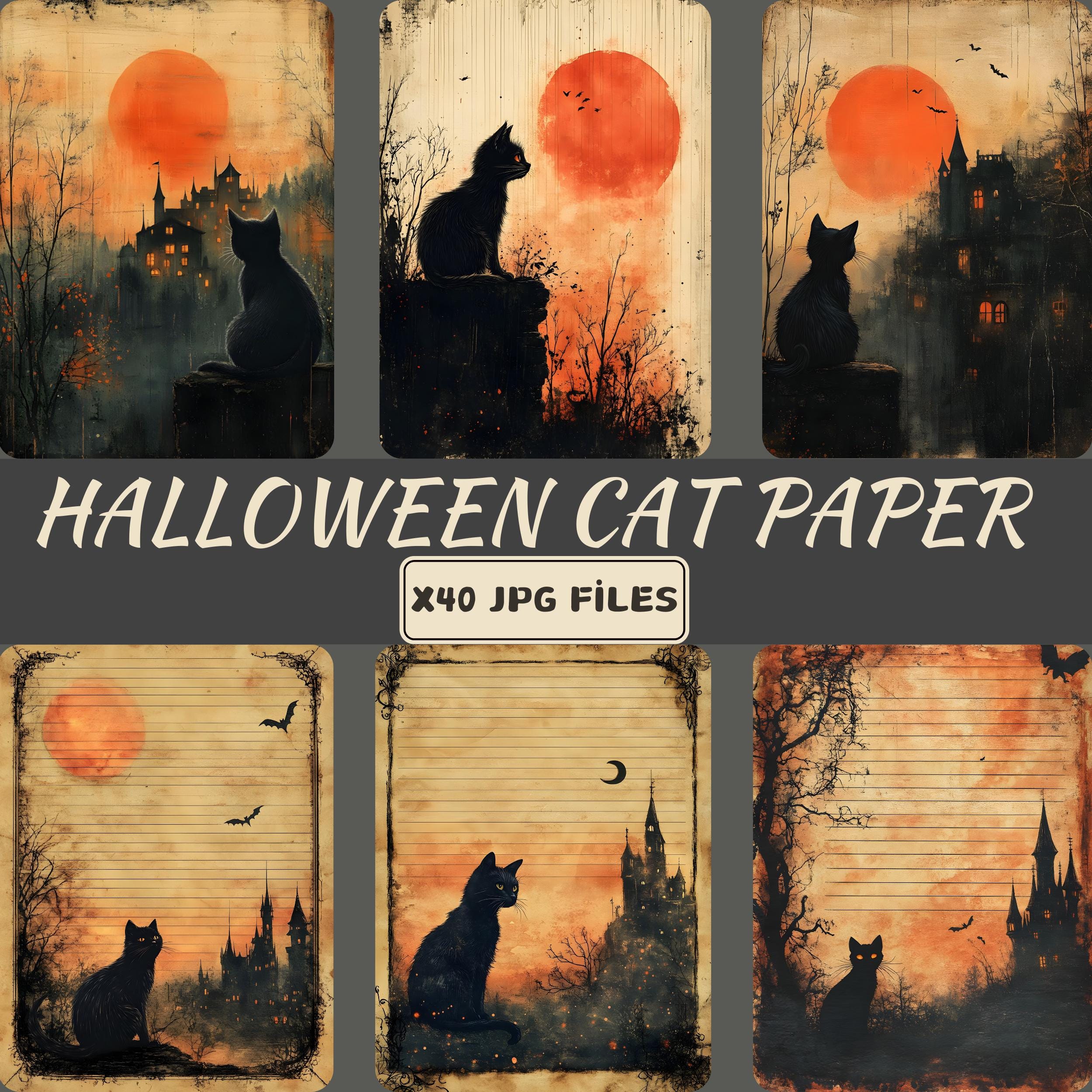 40 Black Cat Halloween Digital Paper, Cats Junk Journal Pages, Vintage ...