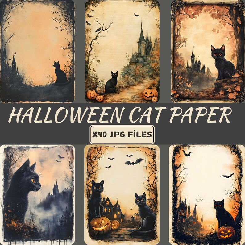 40 Black Cat Halloween Digital Paper, Cats Junk Journal Pages, Vintage ...