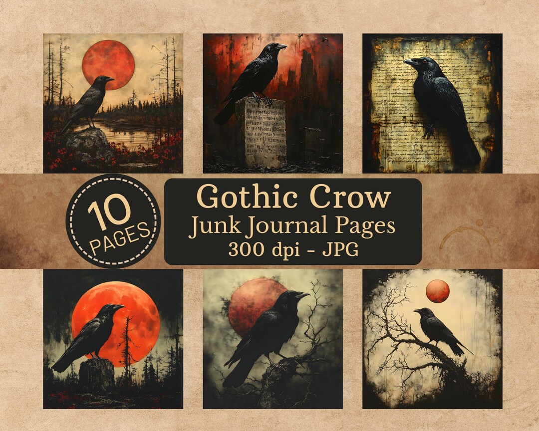 10 Digital Crow Collage Pages | Mystical Halloween Crow Backgrounds ...