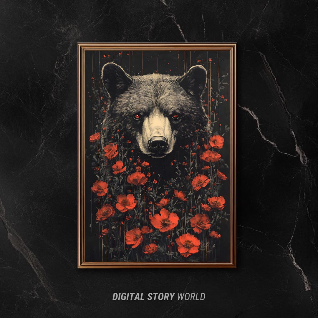 Gothic Floral Bear Art Print, Dark Botanical Bear Wall Art, Witchy Bear ...