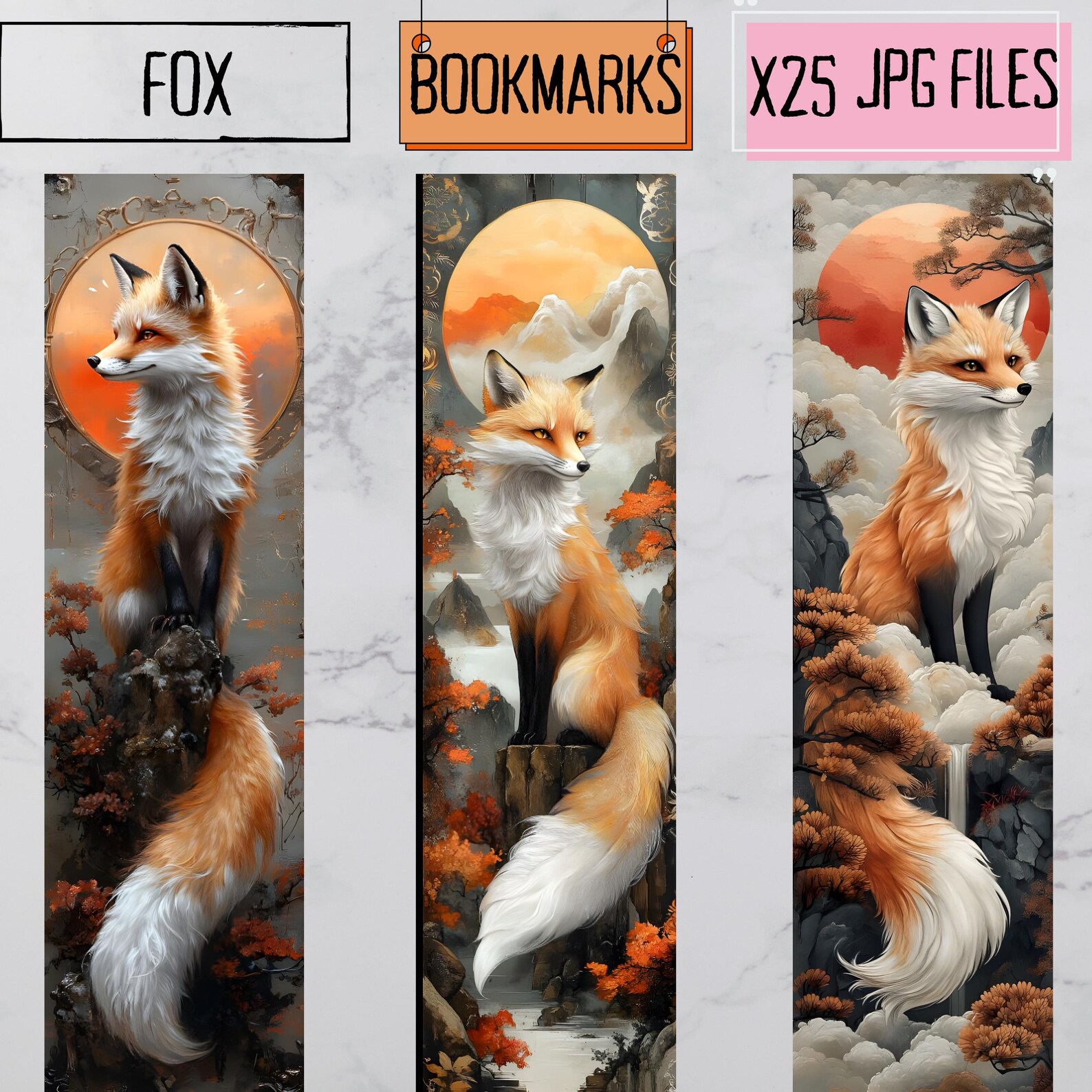 25 Edo Period Bookmarks Mystical Digital Fox Items, Digital Fox Collage, Beautiful Ukiyo-e Style ...