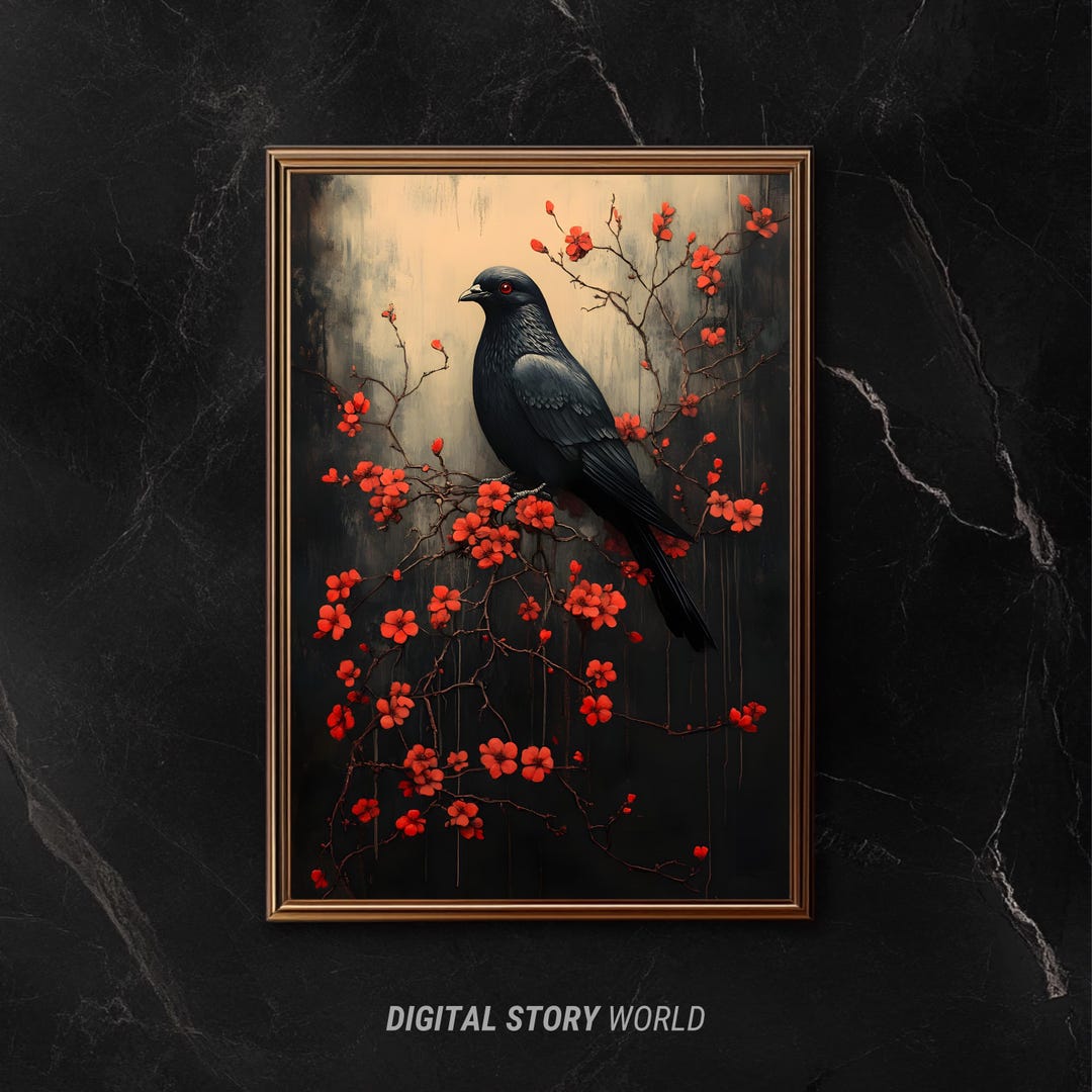 Gothic Black Dove Art Print, Dark Botanical Bird Decor, Vintage Dove ...