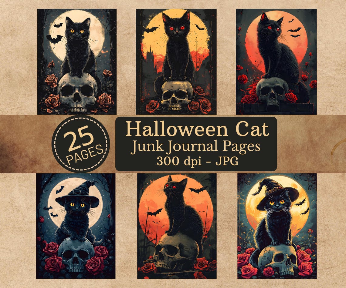 25 Gothic Scary Black Cat, Digital Halloween Items ,spooky Vibes and ...