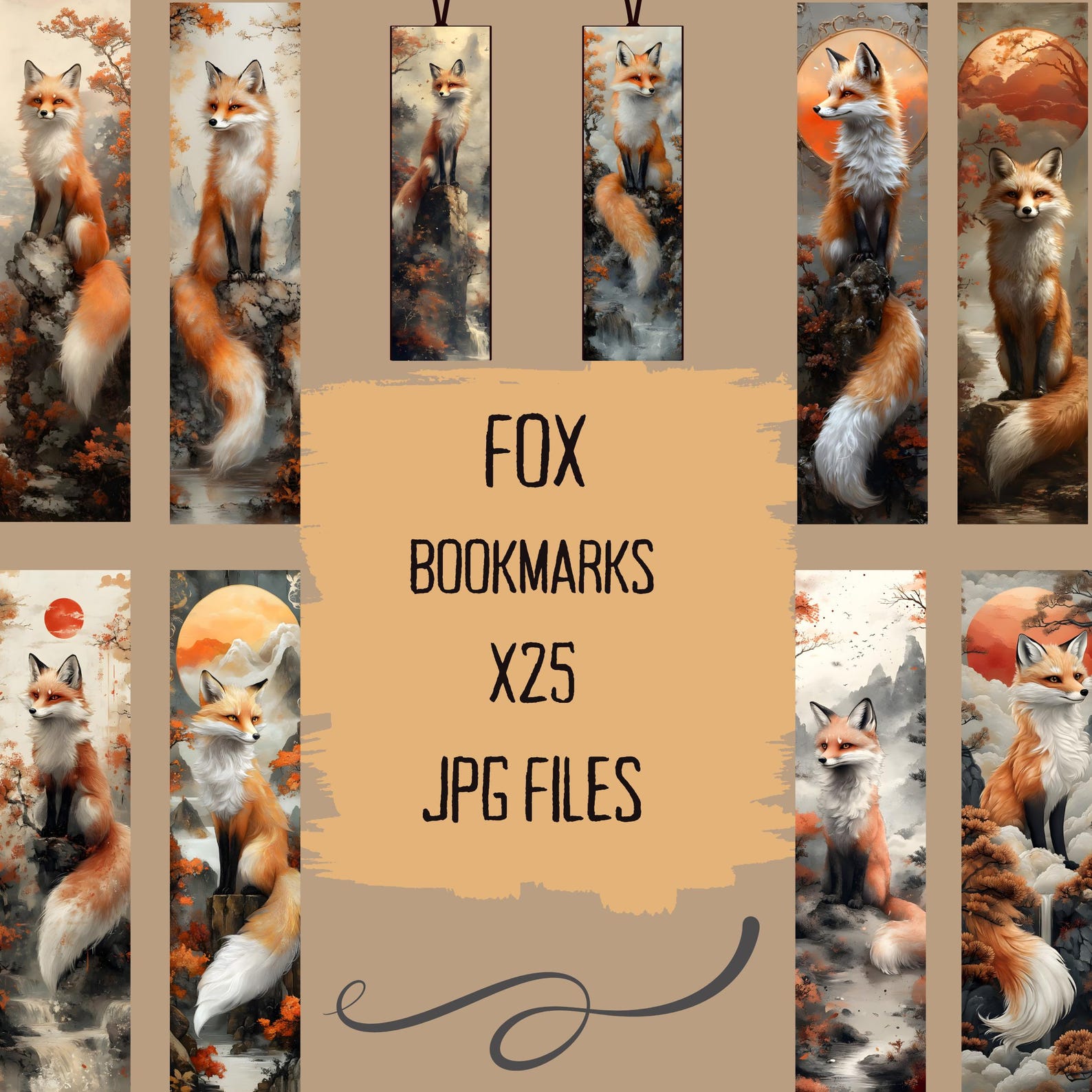 25 Edo Period Bookmarks Mystical Digital Fox Items, Digital Fox Collage, Beautiful Ukiyo-e Style ...