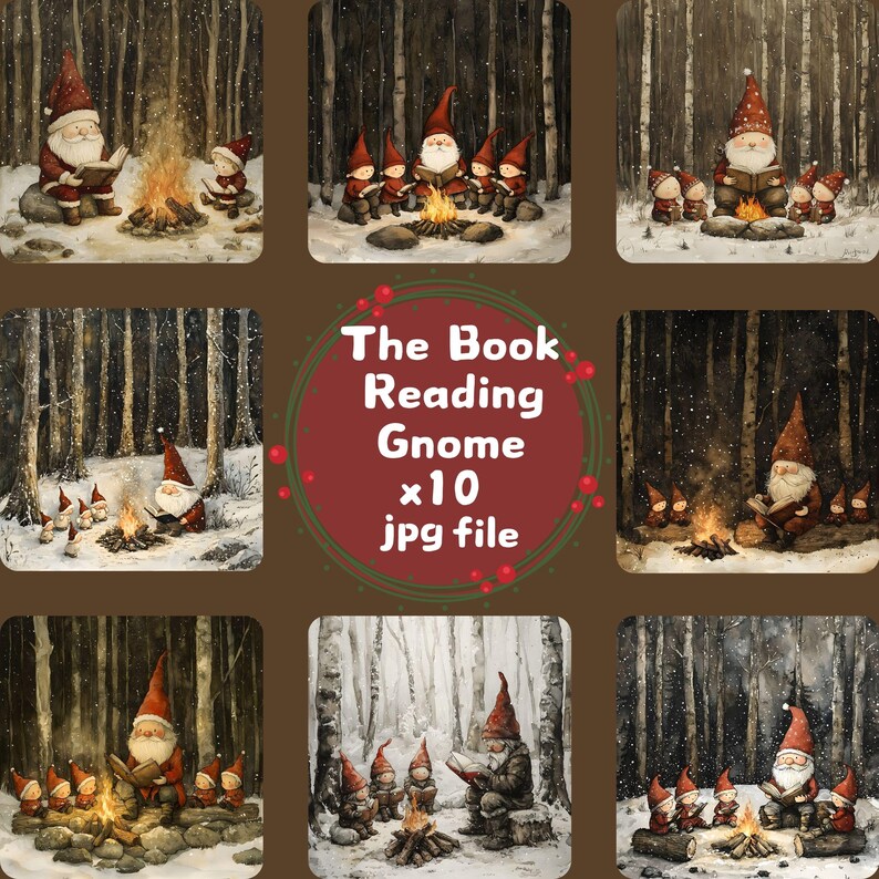 10 Cute Christmas Gnomes Listening to a Story Around the Fire, Digital ...