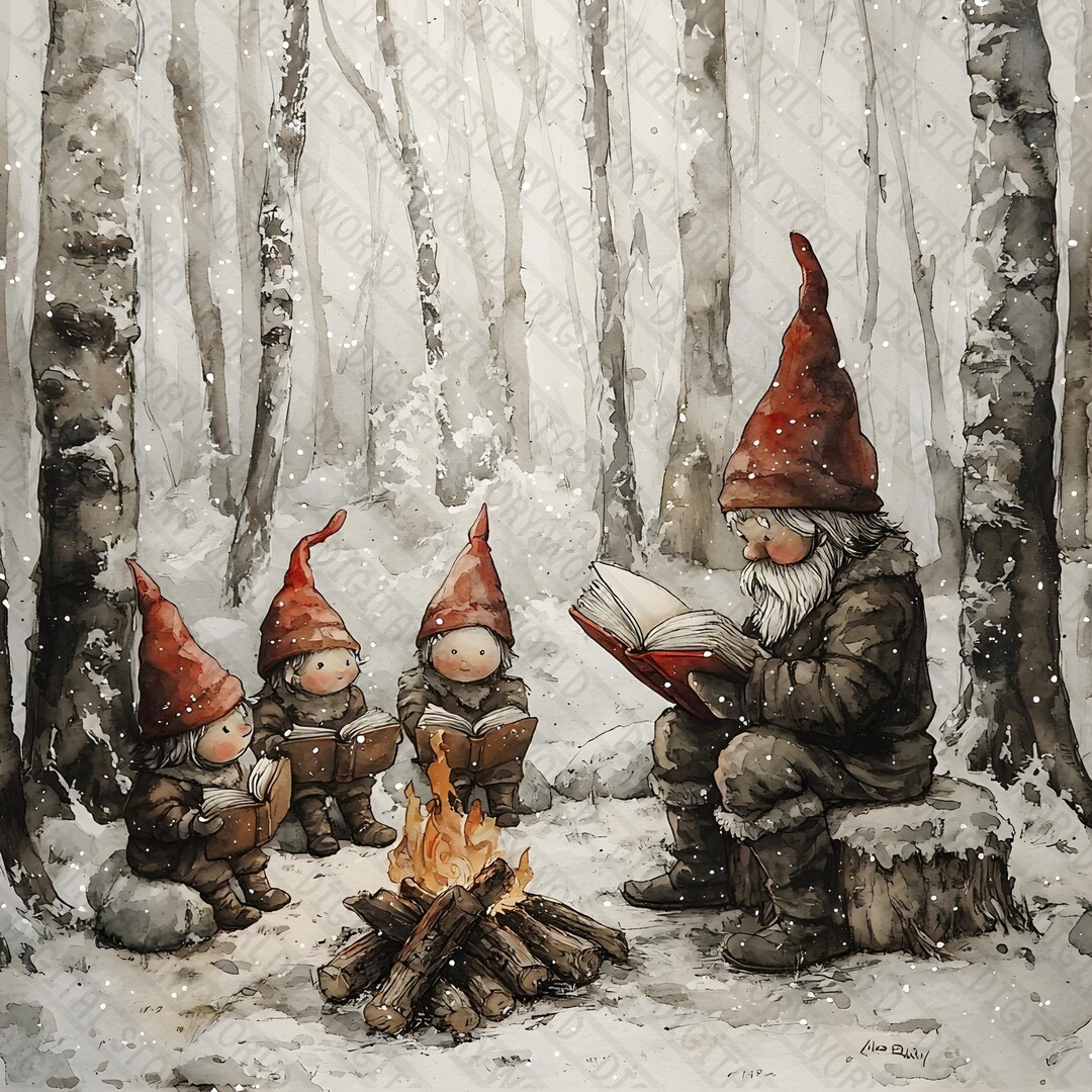 10 Cute Christmas Gnomes Listening to a Story Around the Fire, Digital ...