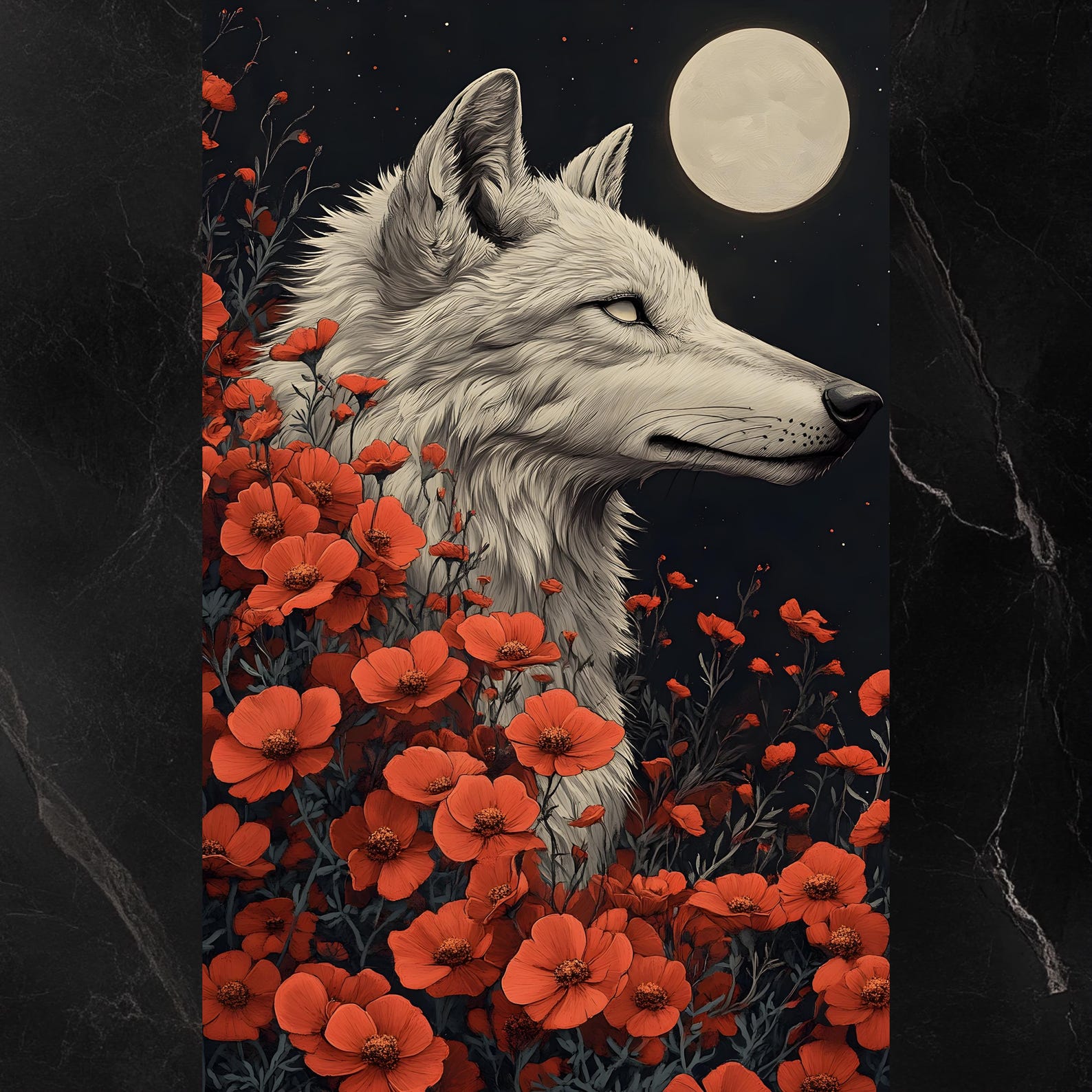 Gothic White Wolf Art Print, Dark Botanical Wolf Poster, Witchy Wolf ...