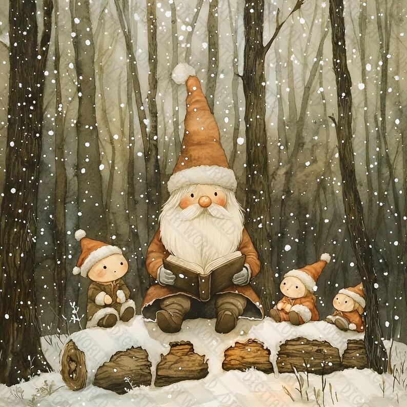 10 Cute Christmas Gnomes Listening to a Story Around the Fire, Digital ...