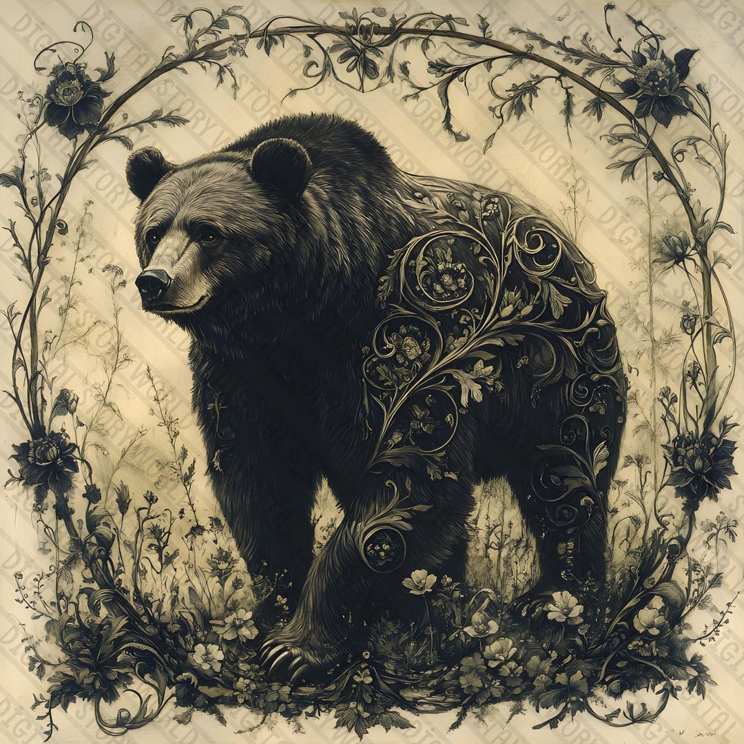 25 Background Plant Themed Gothic Animal Elements, Digital Grizzly Bear ...