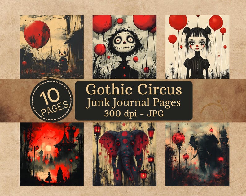 10 Gothic Circus Collage Pages | Creepy Carnival Digital Halloween Art ...