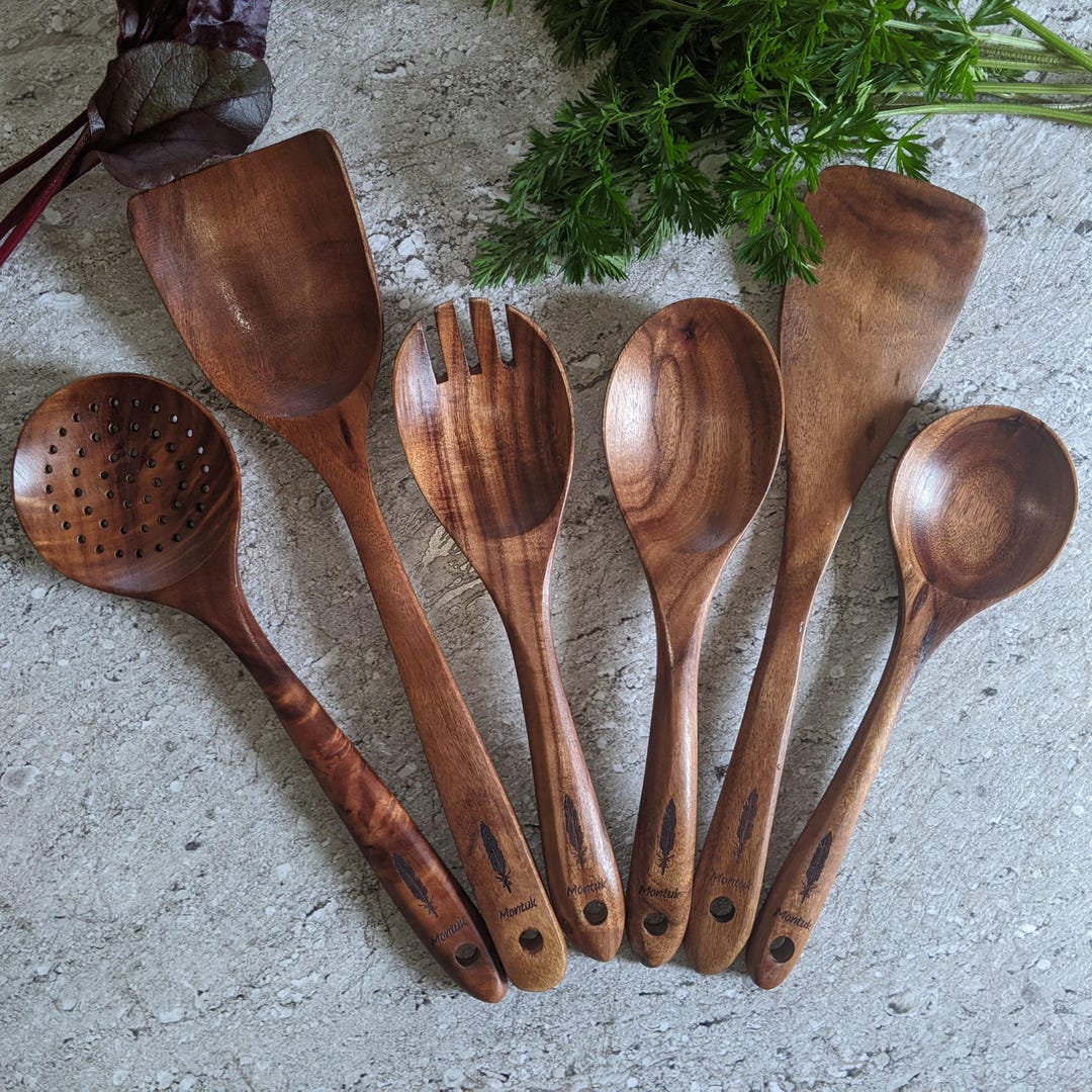 Montuk 6 Pcs Natural Teak Wood Cooking Utensils Set for Kitchen, Spoon ...