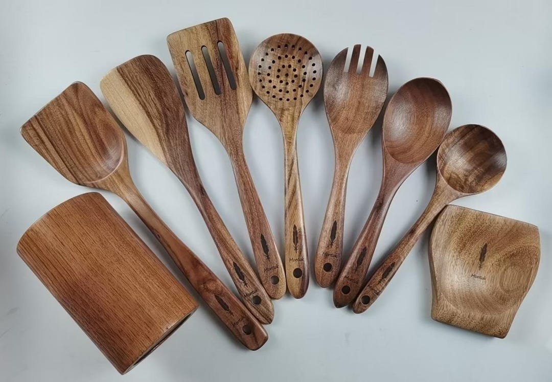 Montuk 9 Pcs Natural Teak Wood Cooking Utensils Set for Kitchen, Spoon ...