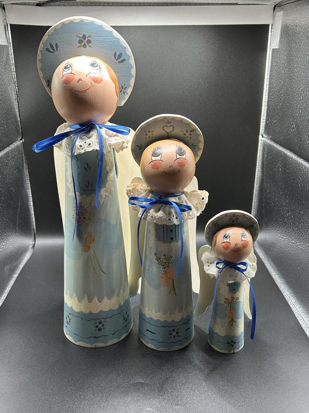 Vintage Set of 3 Wooden Folk Art Angels Handmade Hand Painted 1983 - Etsy