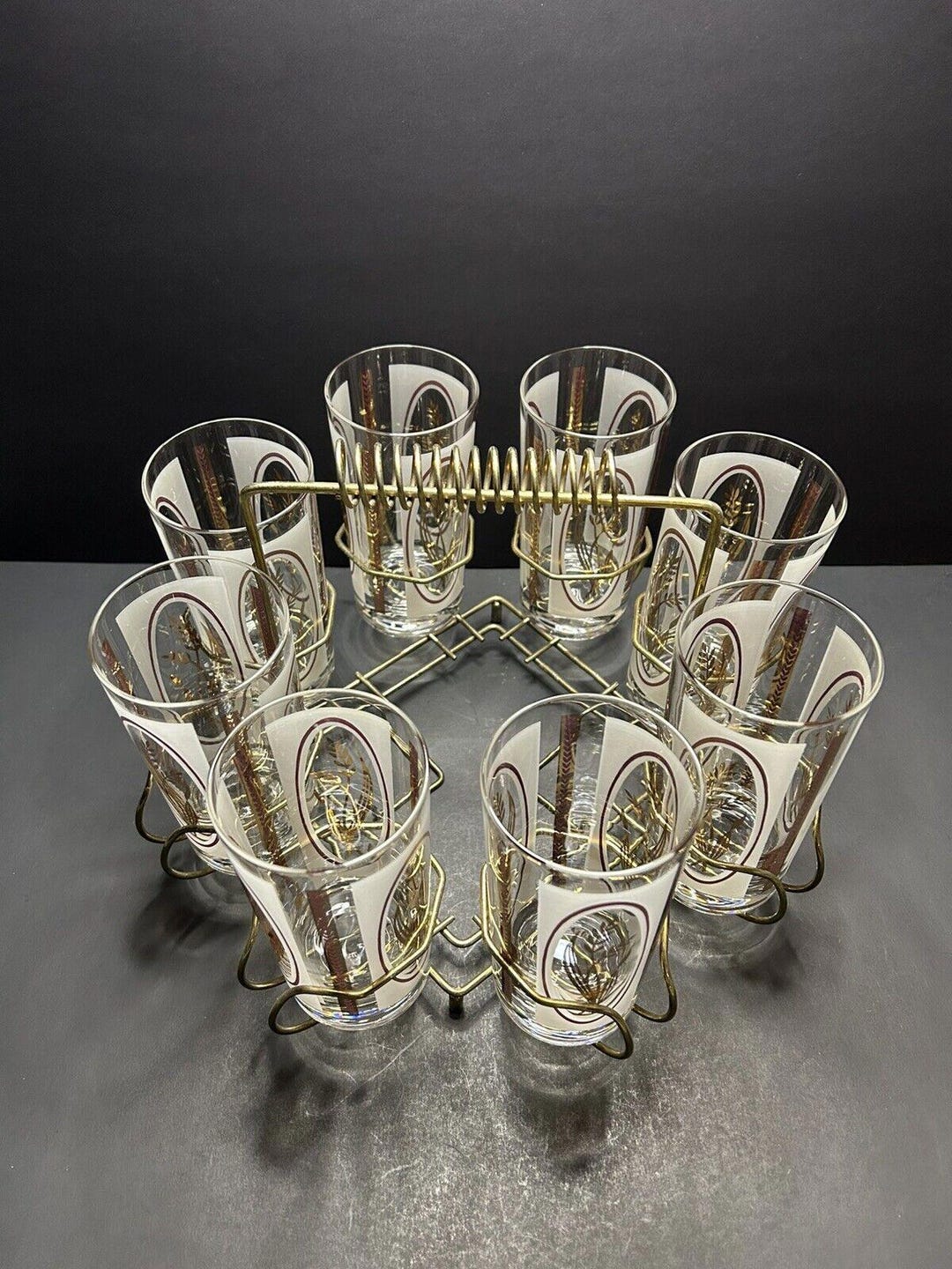 Vintage MCM “golden Wheat” 8 Tall Boy Glasses and Caddy -no Ice Bucket ...