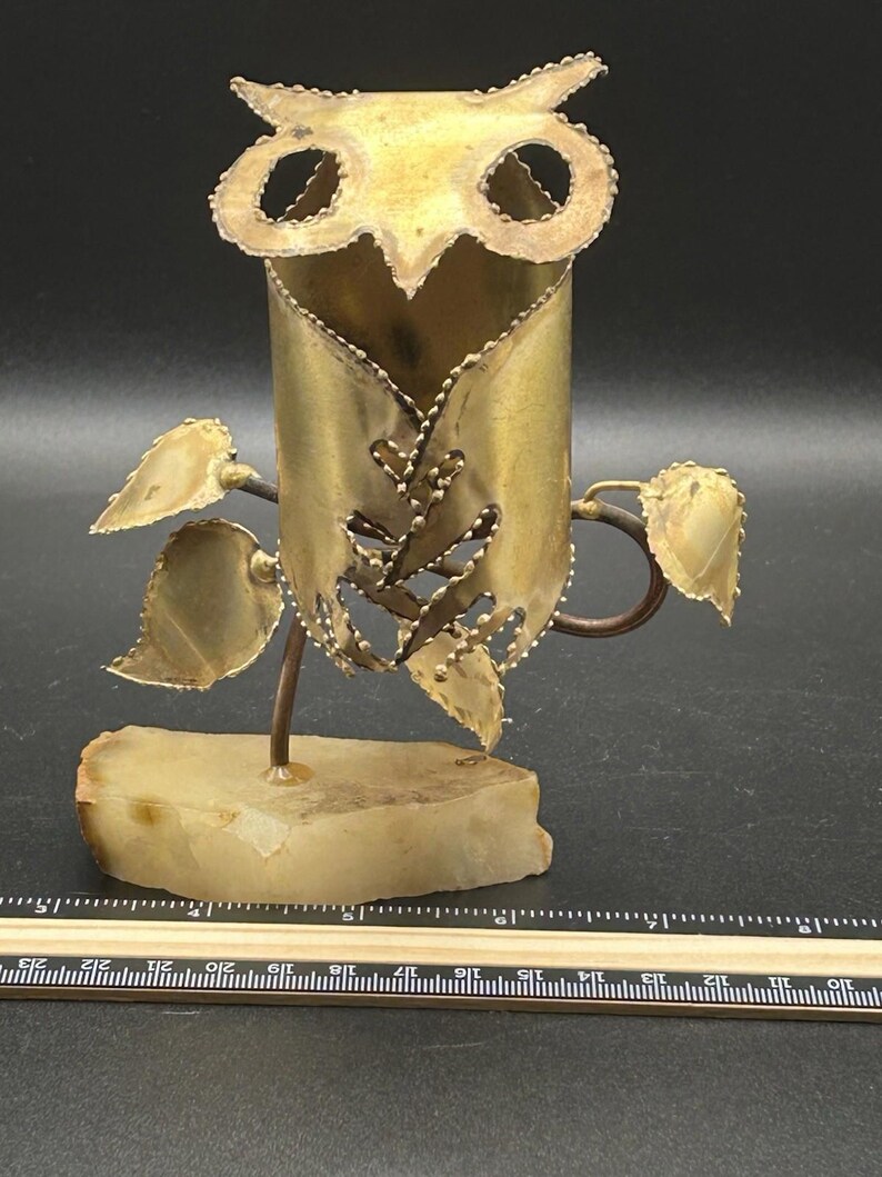 Vintage Mid Century Modern Owl Sculpture Brutalist Torch Metal Marble ...