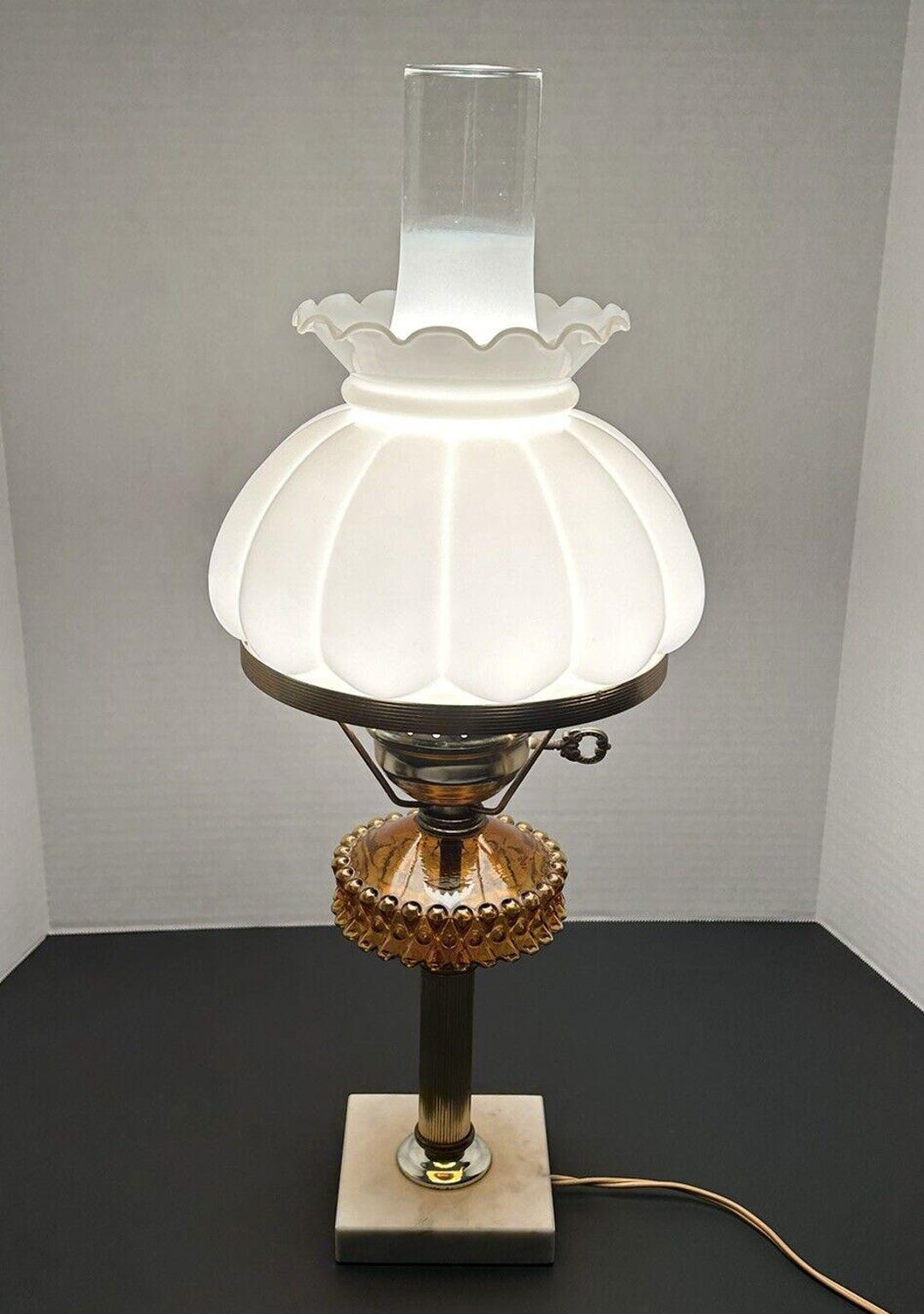 Vintage 1950’s Amber Coin Dot Table Lamp W/ Milk Glass Globe & Marble ...