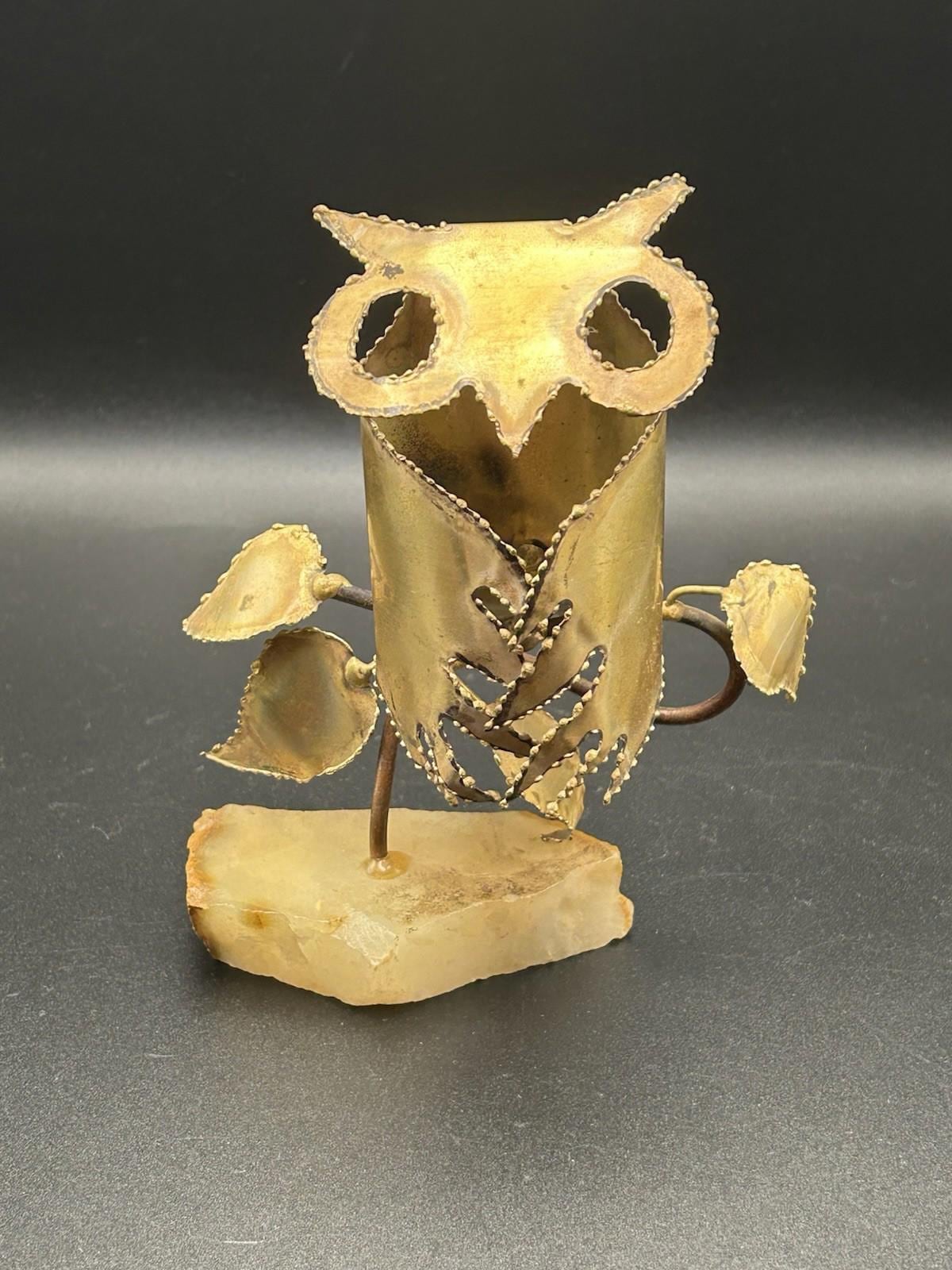 Vintage Mid Century Modern Owl Sculpture Brutalist Torch Metal Marble ...