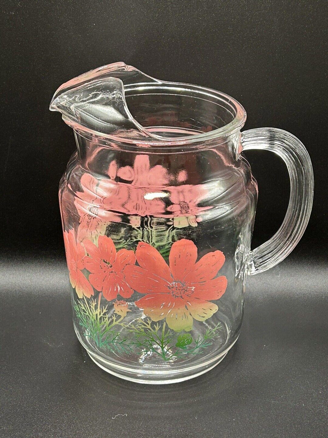 Vintage Federal Glass Pitcher Pink Yellow Flowers Daises No Chips Mint ...