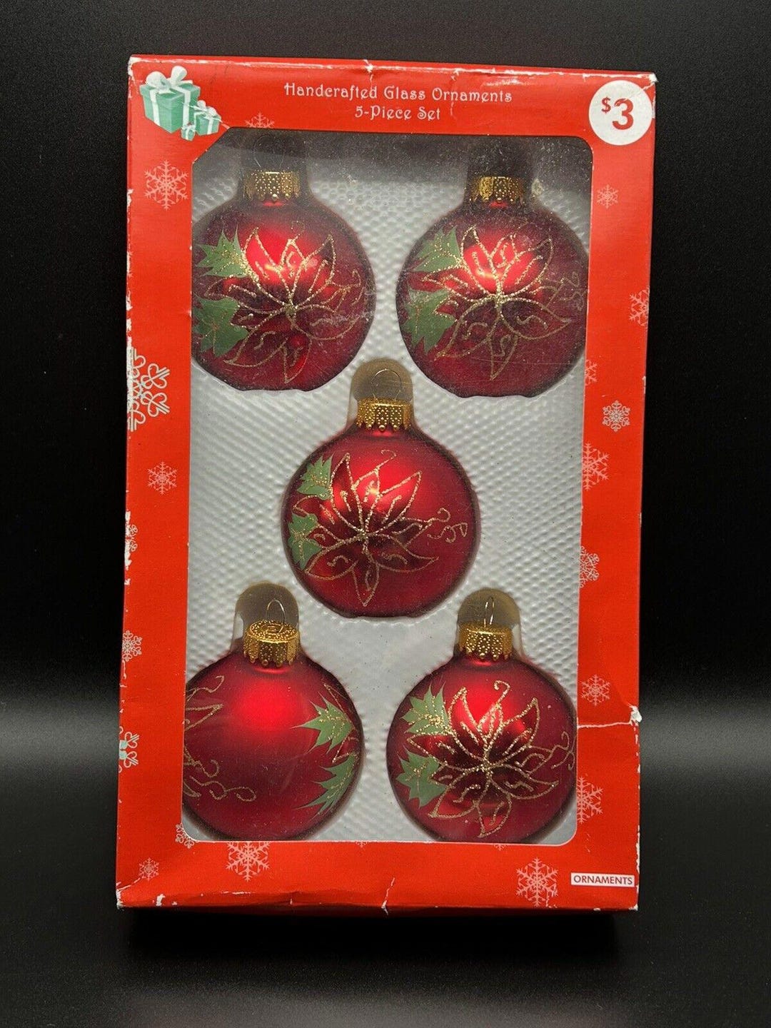 Vintage Set 5 Christmas Hand Decorated Glass Ornaments Red and Gold ...