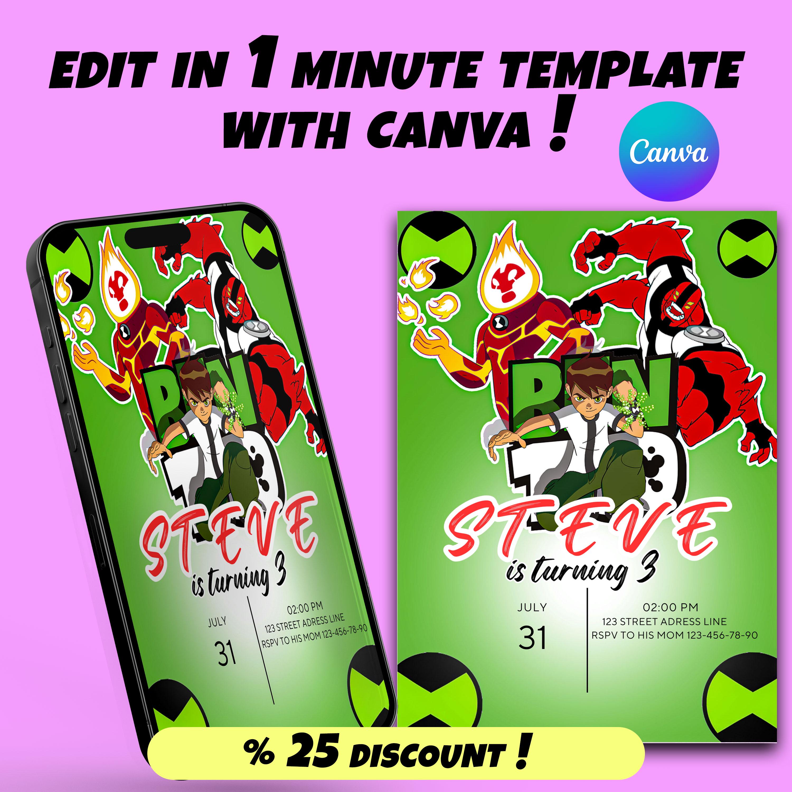 Editable Ben 10 Birthday Invitation Card, Ben 10 Birthday Invite, Ben ...